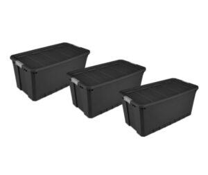 50 gallon stacker tote plastic, black, set of 3 storage boxes