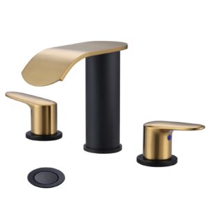 wowow waterfall bathroom faucet 3 holes 8inch widespread bathroom sink faucet, two handles lavatory vanity sink faucets with pop-up drain & supply hoses, modern faucet mixer taps black and gold