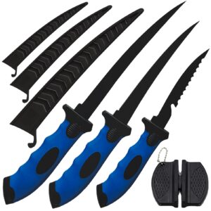 howorr 3pcs fishing fillet knife set, 5-7 inch pro filet knife for fish with sharpener, stainless steel fish fillet knife, fishing tool set, camping ourdoor use, fishing accessories gifts, blue