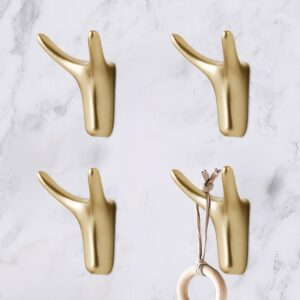 mleuxvics 4 packs double wall hooks for hanging modern gold, heavy duty coat hooks robe hooks wall mounted for bathroom bedroom kitchen hotel