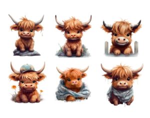 6 piece 6"x6" baby highland cows 100% cotton fabric panel squares - quilting panel blocks ap1