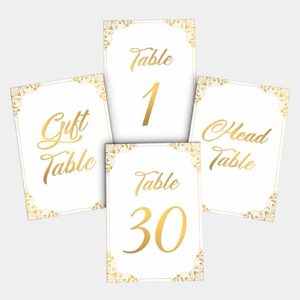 gold wedding table numbers 1-30 - double sided gold foil table number cards 4x6 inch with head & gift table - restaurant table numbers - gold table numbers for wedding reception table signs