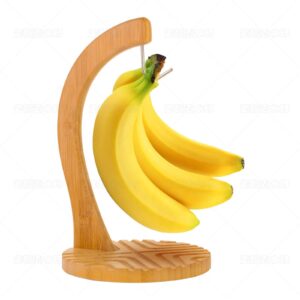 casabene bamboo banana hanger, banana stand, banana holder with stainless steel hanging hook for kitchen countertop to keep bananas and fruit fresh