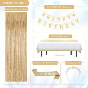 Golden Birthday Party Decorations, Gold Birthday Decorations, Happy Birthday Banner White and Gold Balloons Fringe Curtain Tablecloth Birthday Sash Crown Paper Pom Poms for Women Girls Men Boys