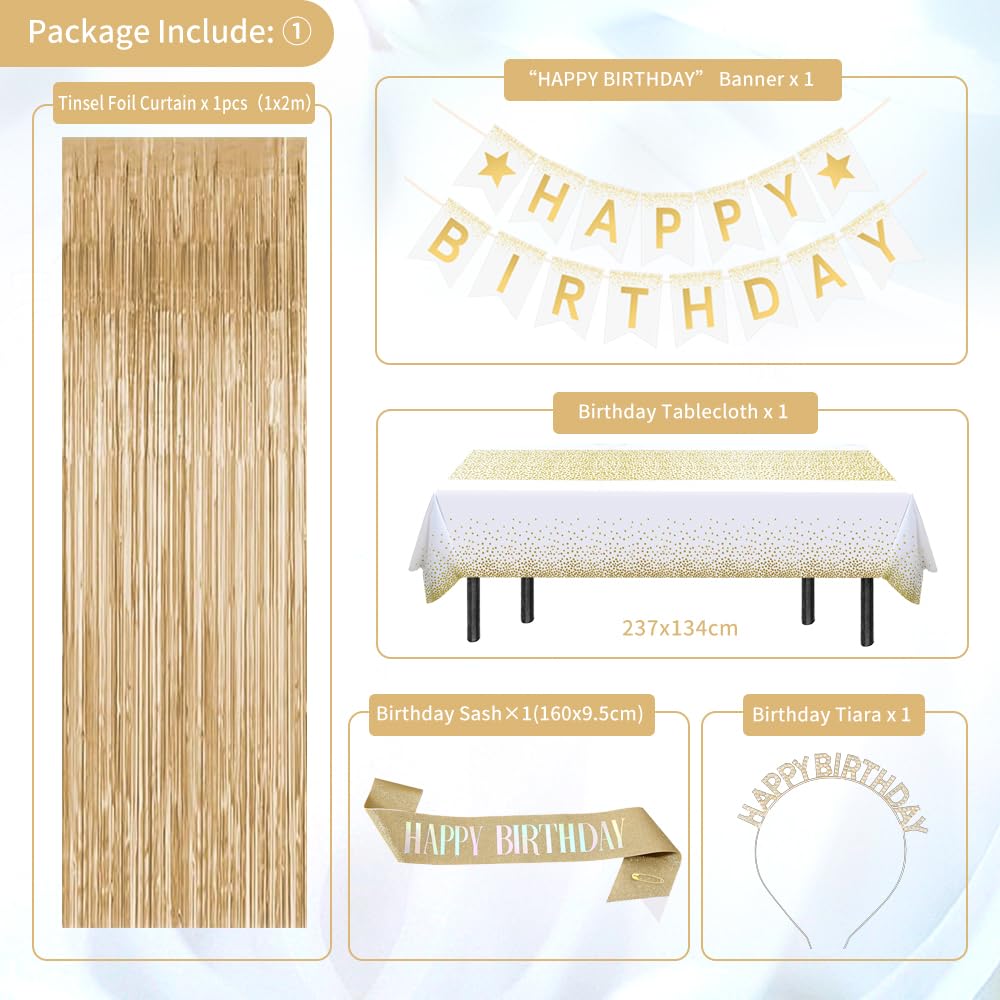 Golden Birthday Party Decorations, Gold Birthday Decorations, Happy Birthday Banner White and Gold Balloons Fringe Curtain Tablecloth Birthday Sash Crown Paper Pom Poms for Women Girls Men Boys