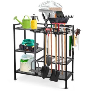 joyoolife garden tool organizer, 3 tier yard tool rack with large tool slots & small tool hooks, large capacity tool shelf, heavy duty metal tower rack for garden lawn garage shed