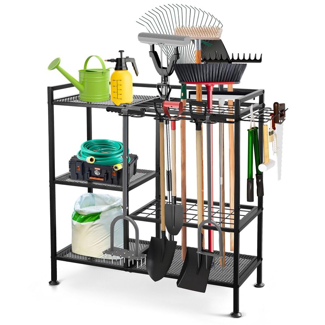 Joyoolife Garden Tool Organizer, 3 Tier Yard Tool Rack with Large Tool Slots & Small Tool Hooks, Large Capacity Tool Shelf, Heavy Duty Metal Tower Rack for Garden Lawn Garage Shed