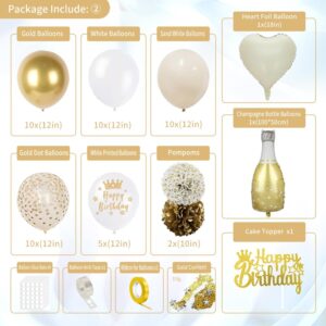 Golden Birthday Party Decorations, Gold Birthday Decorations, Happy Birthday Banner White and Gold Balloons Fringe Curtain Tablecloth Birthday Sash Crown Paper Pom Poms for Women Girls Men Boys