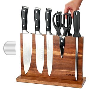 magnetic knife block, double sided magnetic knife holder rack with strong enhanced magnets, acacia wood magnetic knife storage stand with stainless steel finger protector