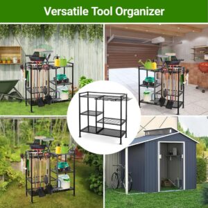 Joyoolife Garden Tool Organizer, 3 Tier Yard Tool Rack with Large Tool Slots & Small Tool Hooks, Large Capacity Tool Shelf, Heavy Duty Metal Tower Rack for Garden Lawn Garage Shed