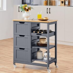 yaheetech kitchen island cart on wheels with storage, rolling bar cart with solid wood top and 3 drawers, 3 removable shelves, serving utility carts for dining room/small kitchen, dark gray