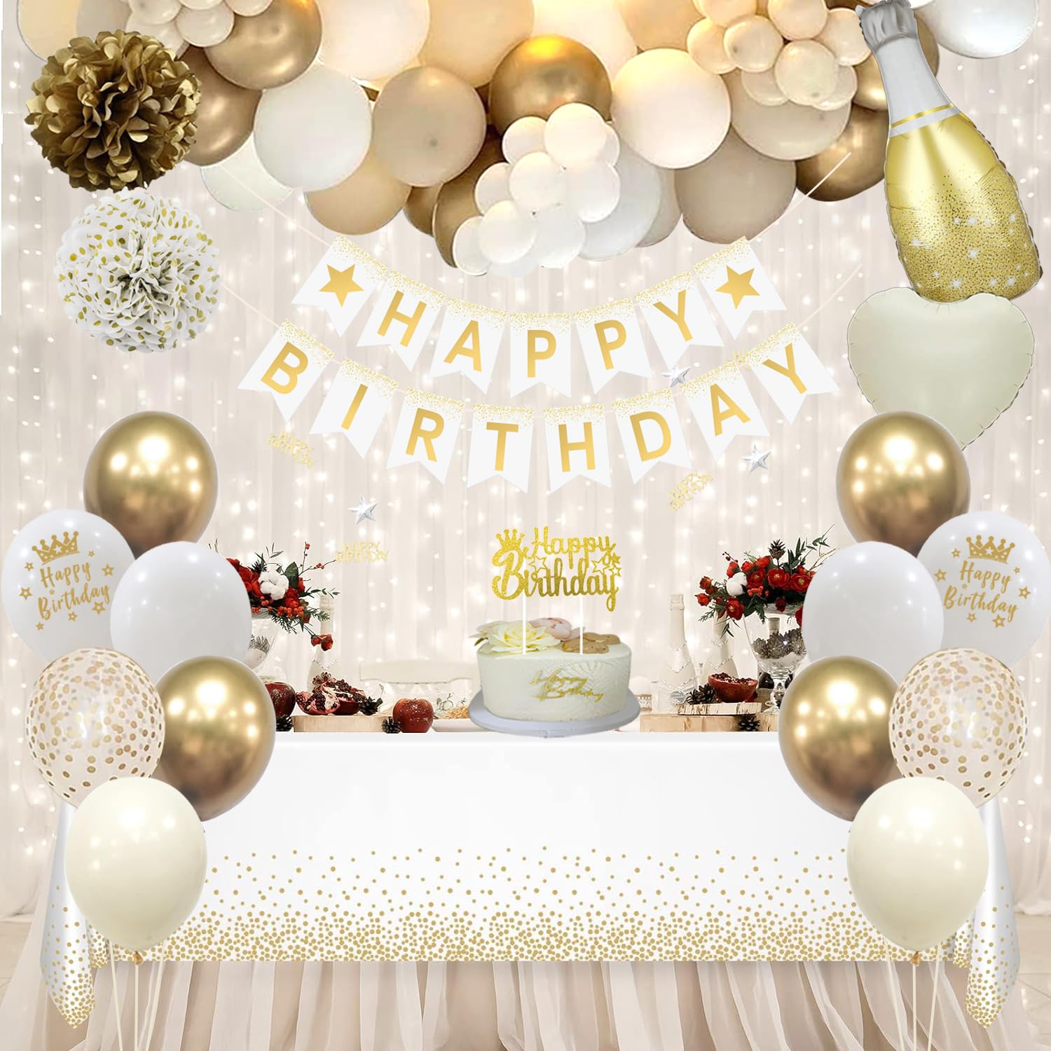 Golden Birthday Party Decorations, Gold Birthday Decorations, Happy Birthday Banner White and Gold Balloons Fringe Curtain Tablecloth Birthday Sash Crown Paper Pom Poms for Women Girls Men Boys