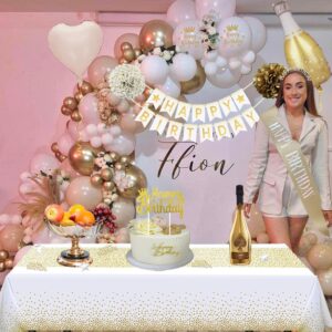 Golden Birthday Party Decorations, Gold Birthday Decorations, Happy Birthday Banner White and Gold Balloons Fringe Curtain Tablecloth Birthday Sash Crown Paper Pom Poms for Women Girls Men Boys