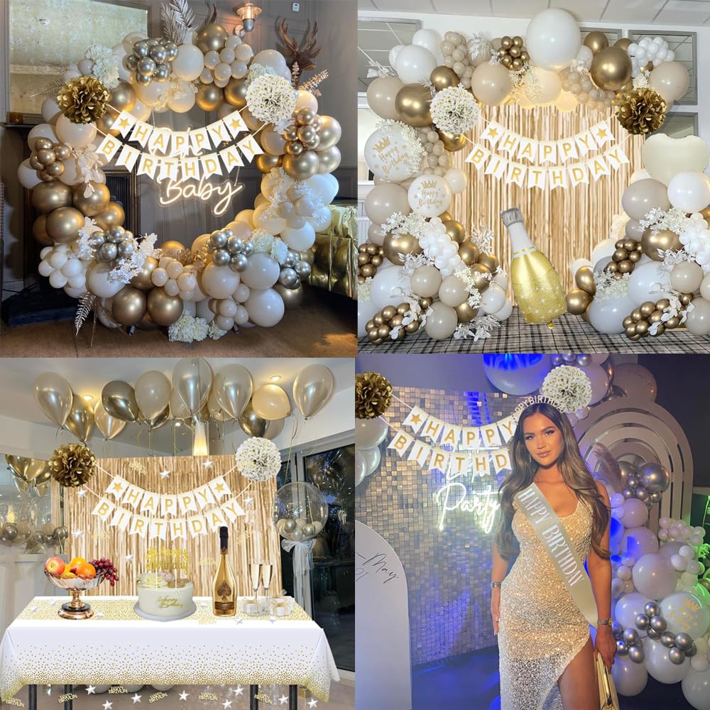 Golden Birthday Party Decorations, Gold Birthday Decorations, Happy Birthday Banner White and Gold Balloons Fringe Curtain Tablecloth Birthday Sash Crown Paper Pom Poms for Women Girls Men Boys