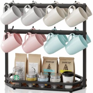 ronjnndc coffee mug holder with movable hooks,16 capacity coffee cup holder for countertop, metal mug tree holder rack with storage base,home storage mug organizer adjustable heights (black)