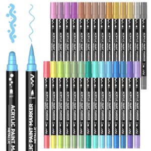 28 metallic colors dual tip acrylic paint markers, brush tip and dot tip acrylic paint pens for rock painting, ceramic, wood, canvas, plastic, glass, stone, calligraphy, card making, diy crafts