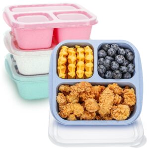 bento box for kids, 4 pack 3 compartments meal prep containers reusable lunch containers, food storage containers with lids, stackable snack boxes for school, work, and travel