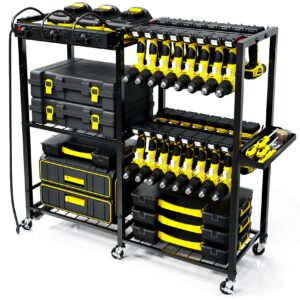 tc-homeny power tool organizer garage storage with charging power strip, 28 drill rack tool holder racks rolling tool cart on wheels, tool shelf organizer, garage workshop gifts for men dads