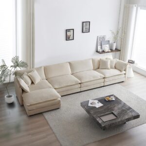 hanstrong 146.5" modular sectional sofa couch modern l shaped sofa oversized upholstered couch with ottoman & toss pillows, 5 seat comfy chenille deep seat sofa for living room apartment, beige