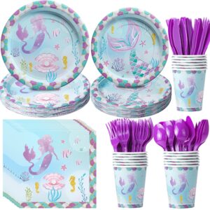 naiwoxi mermaid birthday decorations tableware girls - mermaid birthday party supplies, paper plates, napkins, cups, cutlery, little mermaid party decorations for baby shower birthday | serve 24