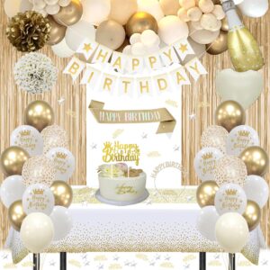 golden birthday party decorations, gold birthday decorations, happy birthday banner white and gold balloons fringe curtain tablecloth birthday sash crown paper pom poms for women girls men boys