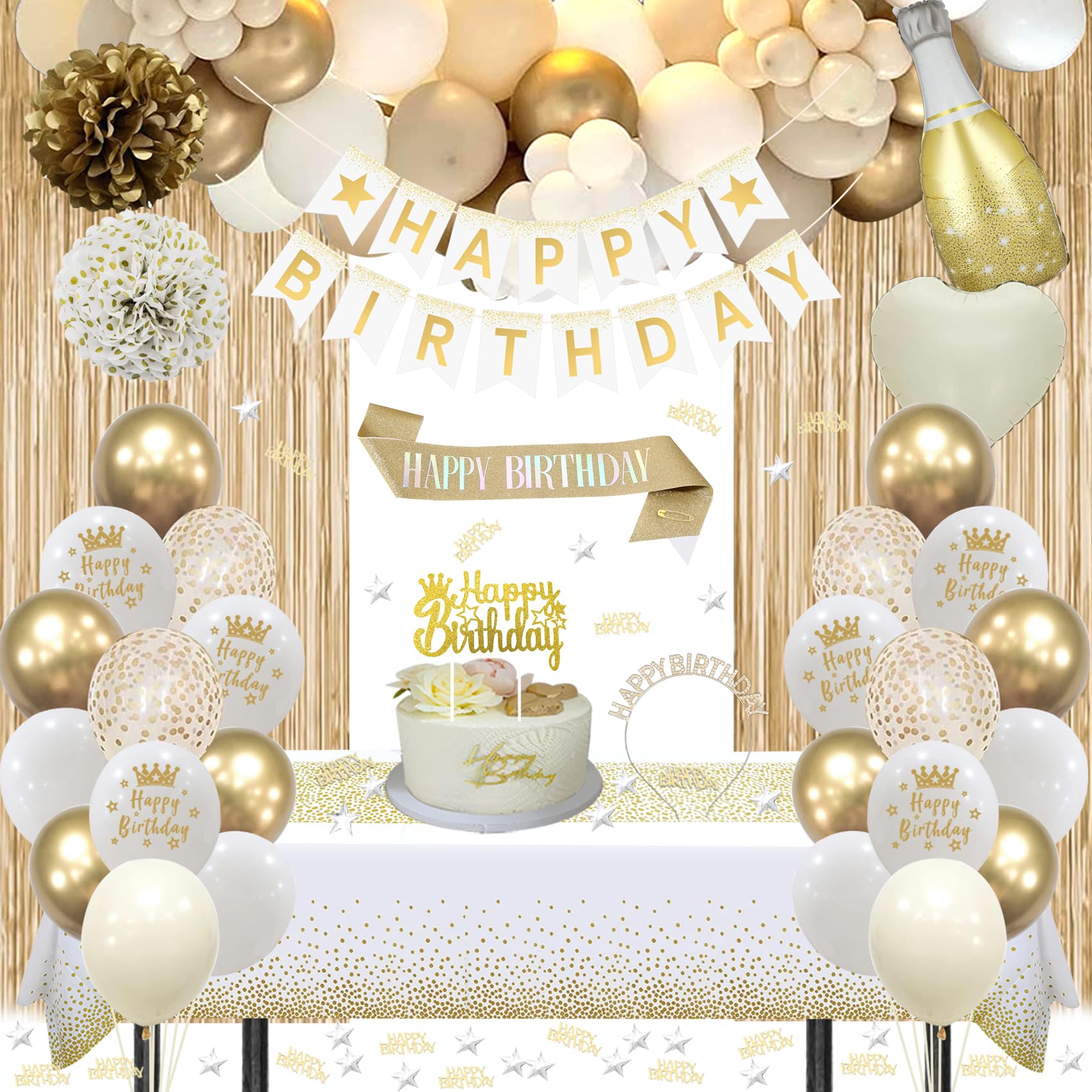 Golden Birthday Party Decorations, Gold Birthday Decorations, Happy Birthday Banner White and Gold Balloons Fringe Curtain Tablecloth Birthday Sash Crown Paper Pom Poms for Women Girls Men Boys