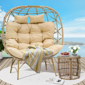 yitahome double egg chair with table 2 person wicker egg chair indoor outdoor patio egg chair with cushions 617lbs for patio, bedroom, garden and balcony, beige