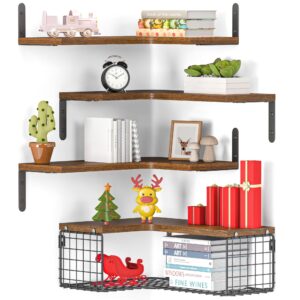 zincify 4+1 corner floating shelves with wire storage basket, corner wall shelves rustic wood for bathroom, kitchen, bedroom, living room, office, corner shelf wall mounted dark brown