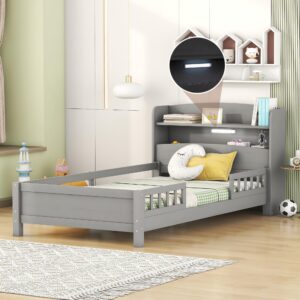 softsea twin size platform bed with storage headboard and led light, wood bed frame with fence guardrails for kids, kids twin bed frame, no box spring needed, gray