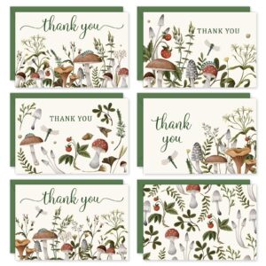 whaline 36 pack vintage mushroom thank you cards 6 designs plants greeting cards with envelopes stickers retro blank note cards for party invitation supplies, 4 x 6 inch