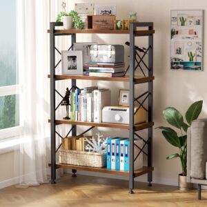 cosysuper bookshelf 4 tier, industrial bookcase, wood shelves, tall bookshelf, rustic standing bookshelves metal frame display book shelf storage for living room,bedroom,home office,dark walnut color