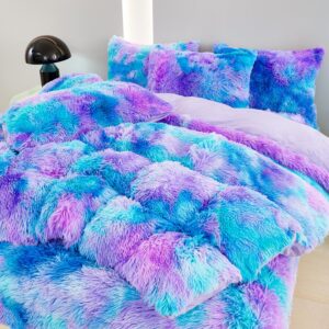 sucses blue purple fluffy twin bedding sets for girls 3pcs faux fur plush shaggy kids duvet cover set twin size tie dye velvet furry comforter cover set (blue purple, twin)