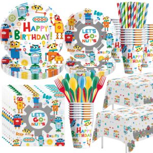 yjrjsc robot birthday party supplies, robot party decorations tableware, paper plate, cup, napkin, tablecloth, disposable cutlery, robot let's go nuts theme birthday baby shower decorations | serve 24