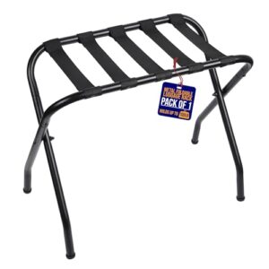 lifemaster metal luggage rack - pack of 1 foldable, easy assembly, space saving, and stylish steel frame guest suitcase stands with nylon straps - black