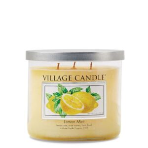 village candle lemon mint, 3-wick silver lid medium bowl, scented candle, 14 oz.