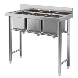 3 compartment stainless steel bar sink, commercial grade utility basin, free standing restaurant sink station with adjustable bullet feet&high backsplash, 11"lx10"wx10"h laundry tub culinary sink