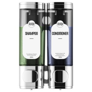 2-chamber shampoo and conditioner dispenser shower soap dispenser 2 chamber no drill,shower soap dispenser wall mounted,huotdy suntys body wash dispenser set for bathroom toilet hotel kitchen(chrome)