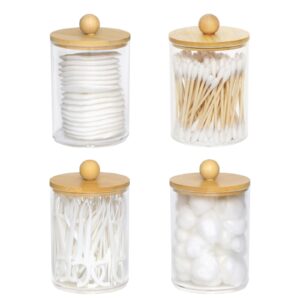 qtip holder dispenser - 10 oz storage boxes with bamboo lids, bathroom accessories set for cotton swab, ball, pads, floss, 4 count