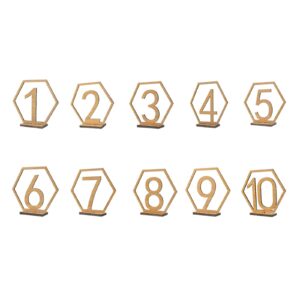 sunfecili 10 pcs wooden table numbers, hexagon hollow out table number,wedding place cards, wood numbers place cards with holder base standing wood wedding decorations, gold(1-10)