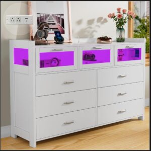 alohappy white dresser for bedroom, 9 drawers dresser with led lights and charging station, chest of dresser for bedroom with 3 visual drawers, wood drawer organizer for bedroom, living room, hallway