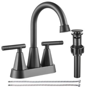 cobbe black bathroom faucets 3 hole, 4 inch bathroom sink faucet with pop up drain and 2 supply hoses, 2 handle centerset bathroom faucet for sink vanity, matte black