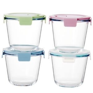 8 piece round glass storage containers with lids, leak proof 3 cup glass containers for soup, lunch, salad, leftover, ice cream, bpa-free lids with 4 locking tabs, microwave, dishwasher, freezer safe