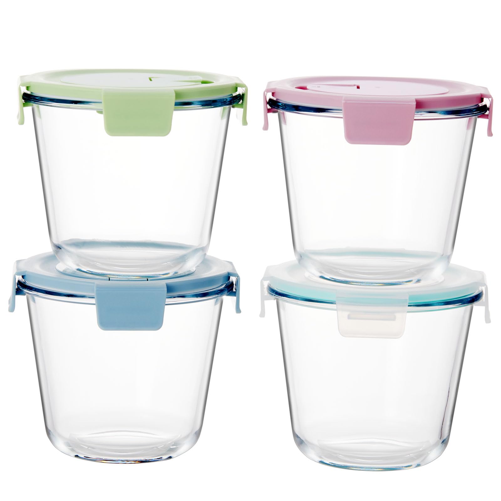 8 Piece Round Glass Storage Containers with Lids, Leak Proof 3 Cup Glass Containers for Soup, Lunch, Salad, Leftover, Ice Cream, BPA-Free Lids with 4 Locking Tabs, Microwave, Dishwasher, Freezer Safe