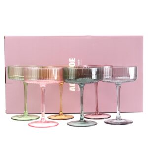 aorotoe champagne coupe glasses set of 6 martini glasses ribbed colored glassware vintage cocktail glasses gifts box gifts for women mom wife sisters and grandmother 10 oz pink yellow weddings