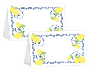 capri lemon buffet cards place cards - 12 lemon table tents - lemon place cards - lemon decorations - blue tile party decorations - lemon party supplies - blue tile party decorations - table tents