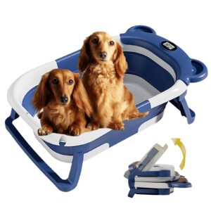 foldable dog pet bathtub.26.3x16.5x8.3 portable bathtub for puppy,dog tub with thermometer and soft mat(blue)