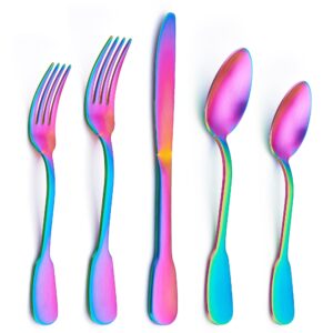 e-far 20-piece matte rainbow silverware set, stainless steel flatware set service for 4, colorful cutlery set include forks spoons and knives for kitchen home restaurant, satin finish & widen handle