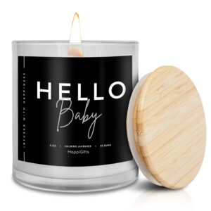 hello baby, crackling wood wick, scented candle gift. heartfelt present for new mom, baby shower, or thoughtful gift someone special. lavender scent, natural soy wax.