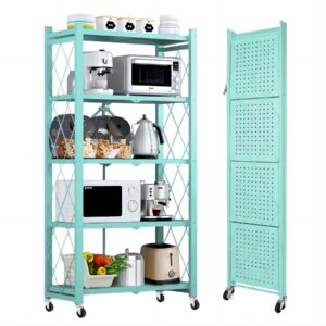 track seven 5-tier storage shelving unit w/hooks and wheels, 27.9"x13.4"x62.5", standing foldable storage rack, metal, kitchen, garage, no assemble require (blue)