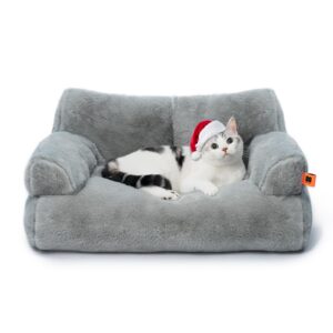 mewoofun cat couch bed for indoor cats, washable small dog beds for medium small dogs & cats up to 25 lbs, fluffy pet beds with non-slip bottom, 26×19×13 inch (grey)